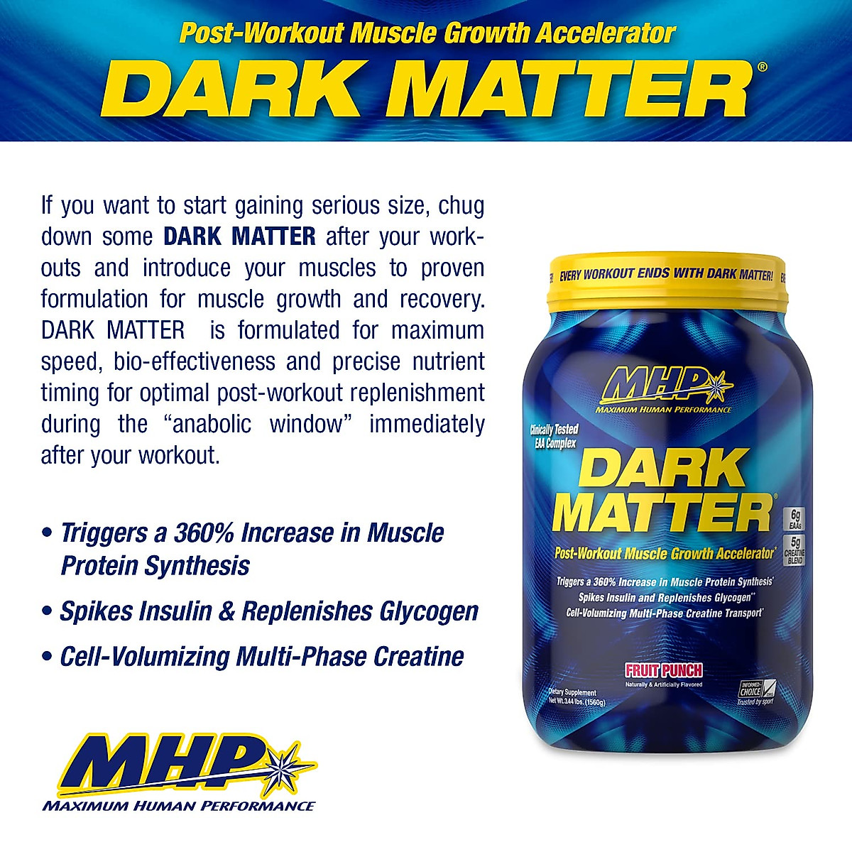 MHP Dark Matter Post Workout, Recovery Accelerator, w/Multi Phase Creatine, Waxy Maize Carbohydrate, 6g EAAs, Fruit Punch, 20 Servings, 55 Oz