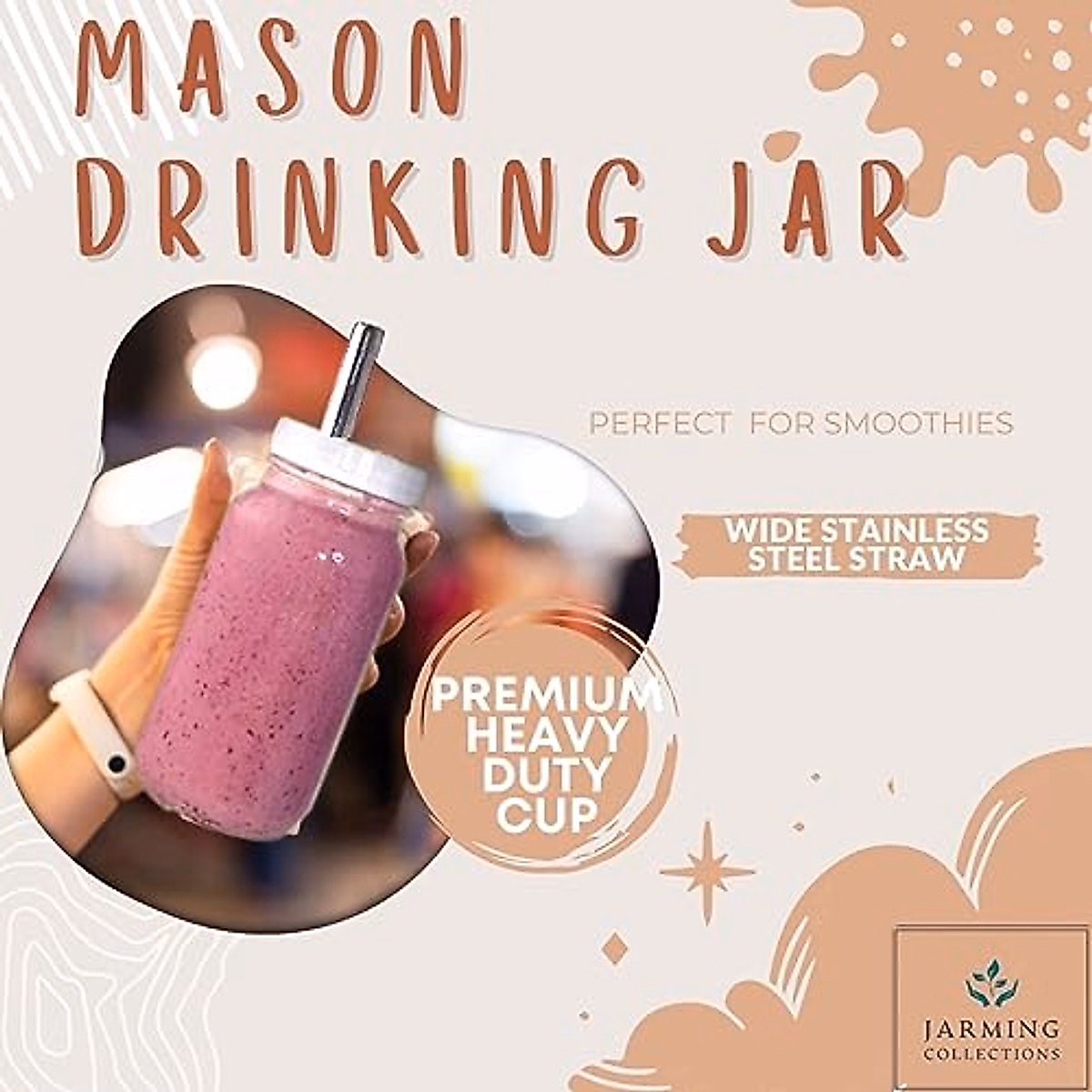 Reusable Smoothie Cup Regular Mouth 24 oz Mason Jar with Wide STAINLESS STEEL Straws Drinking Cups and Lids and Straws- Drinking Lid and BPA Leak Proof Caps by Jarming Collections