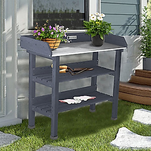 Elevens Outdoor Potting Bench Tables with Wheels,Planting Bench Potting Table with Drawer and Hooks for Patio Yard Lawn(Grey)