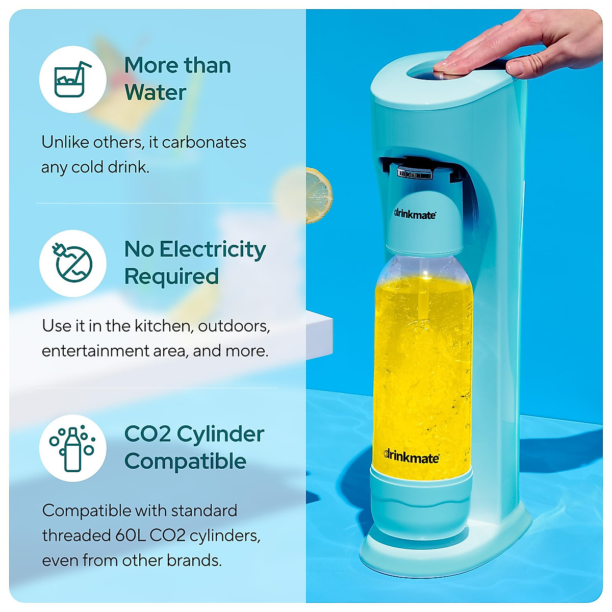 Drinkmate OmniFizz Sparkling Water and Soda Maker, Carbonates Any Drink, PARTY PACK - Includes two 60L CO2 Cylinders, three Carbonation Bottles, and two Fizz Infusers (Arctic Blue)