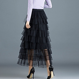 BDQING Women's Elastic Waist Tiered Layered Mesh Ballet Prom Party Tulle Tutu A-line Long Skirt (Black, L)