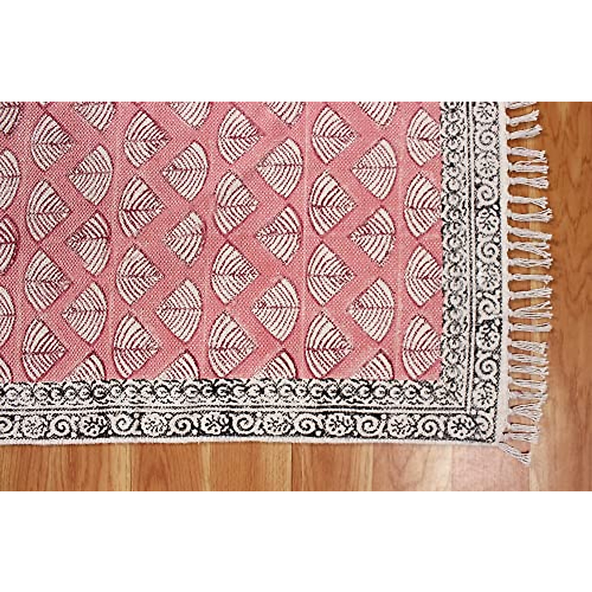 Casavani Indian Handmade Cotton Dhurrie Bordered Pink & Beige Area Rug Boho Kilim Flat Weave Rug Indoor Hall Room Decor Carpet Throw Rugs for Bedroom Living Room Bathroom Balcony 3x10 Feet Runner