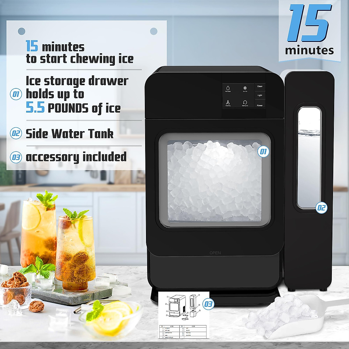 ICEVOKE Countertop Nugget Ice Maker, Portable Ice Machine 33 lbs/Day Chewable Ice with Self-Cleaning & Auto Water Refill, Suitable for Home Office Bar Party (Black)