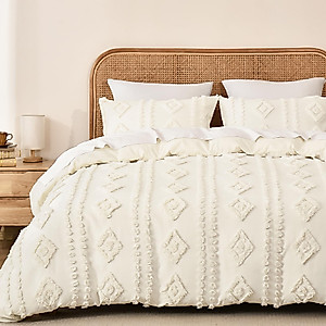 PHF Boho Duvet Cover Queen Size, Soft Tufted Duvet Cover Set for All Seasons, 3 Pieces Textured Shabby Chic Bedding Set with 2 Pillowcases, Snow White, 90" x 90"