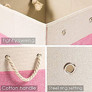 PRANDOM Large Foldable Cube Storage Bins 13x13 inch [4-Pack] Fabric Linen Storage Baskets Cubes Drawer with Cotton Handles Organizer for Shelves Toy Nursery Closet Bedroom Pink