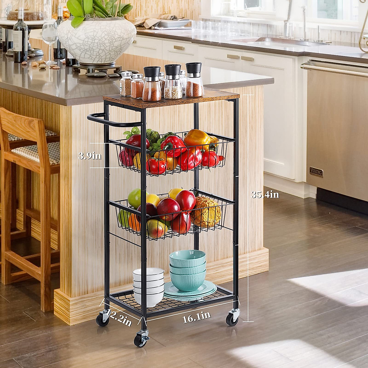 Kitchen Storage Cart on Wheels 4 Tier Rolling Storage Cart with Mesh Wire Basket and Handle Utility Storage Trolley Serving Cart with Wooden Tabletop for Small Space Dining Room Bathroom Rutic Brown