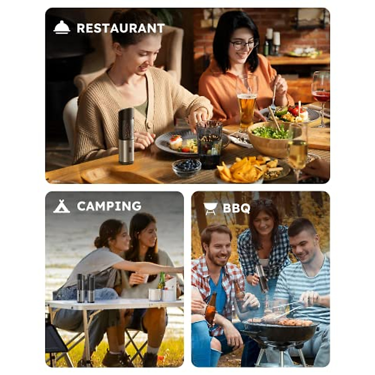 Sangcon Electric Salt and Pepper Grinder Mill Set, Safety & Gravity Switch, Battery Powered with LED Light, Adjustable Coarseness, One Hand Automatic Operated Kitchen Gadgets, Stainless Steel, 2 Pack