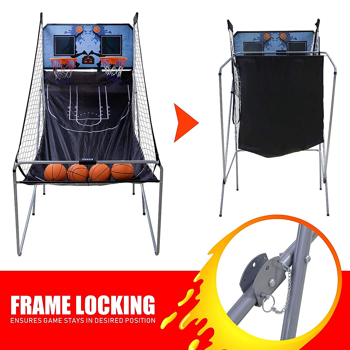 Foldable Indoor Basketball Arcade Game Double Shot 2 Player W/ 4 Balls, Electronic Scoreboard and Inflation Pump