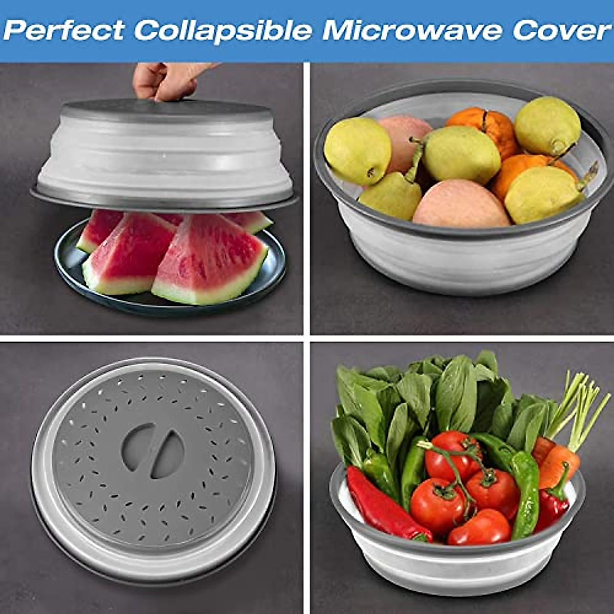 2 in 1 Microwave food Cover & Mat,Vented Collapsible Microwave Splatter Cover & 12" Silicone Round Kitchen mat, Multi-use Silicone Non-Slip Trivet Drying Mat, Home Apartment Essential, Grey