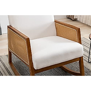 Lamerge Rattan Rocking Chair, Wooden Rocker Glider, Linen Upholstered Nursery Rocking Chair, Rattan Accent High Backrest Comfortable Glier Chair for Living Room, Bedroom, Nursery, Beige