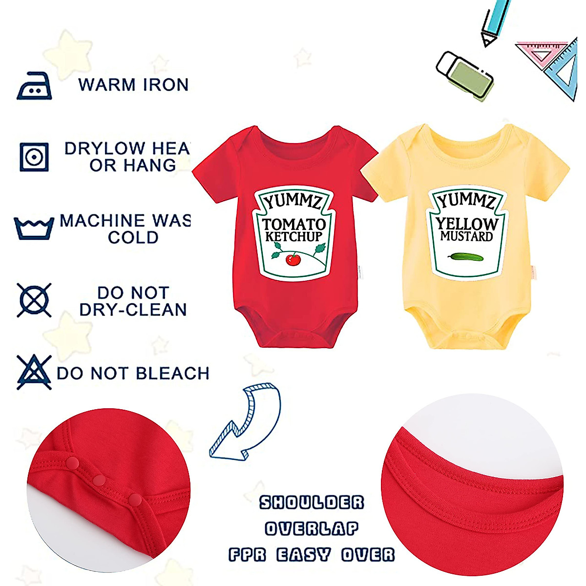 YSCULBUTOL Baby Bodysuit Ketchup Mustard Funny Baby Twins Outfits Baby Girl Twins Set(ShortKM S6M)