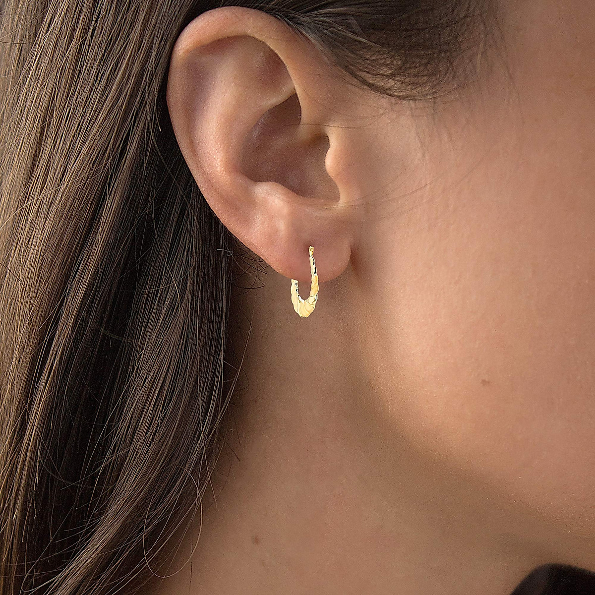 14K Yellow Gold Polished & Textured Twisted Shrimp Hoop Earrings For Women | 2x21mm Hoops | Earrings For Sensitive Ears | Solid Gold Earrings For Women