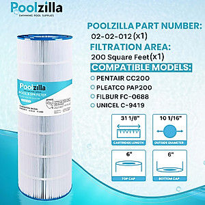Poolzilla 1 Pack Pool Filter Cartridge Replacement for PAP200, Pentair CC200, Filbur FC-0688, Unicel C-9419, Aladdin 29902, Baleen AK-8005, Pure N Clean PC-0688, R173217, Predator 200, SD-00071