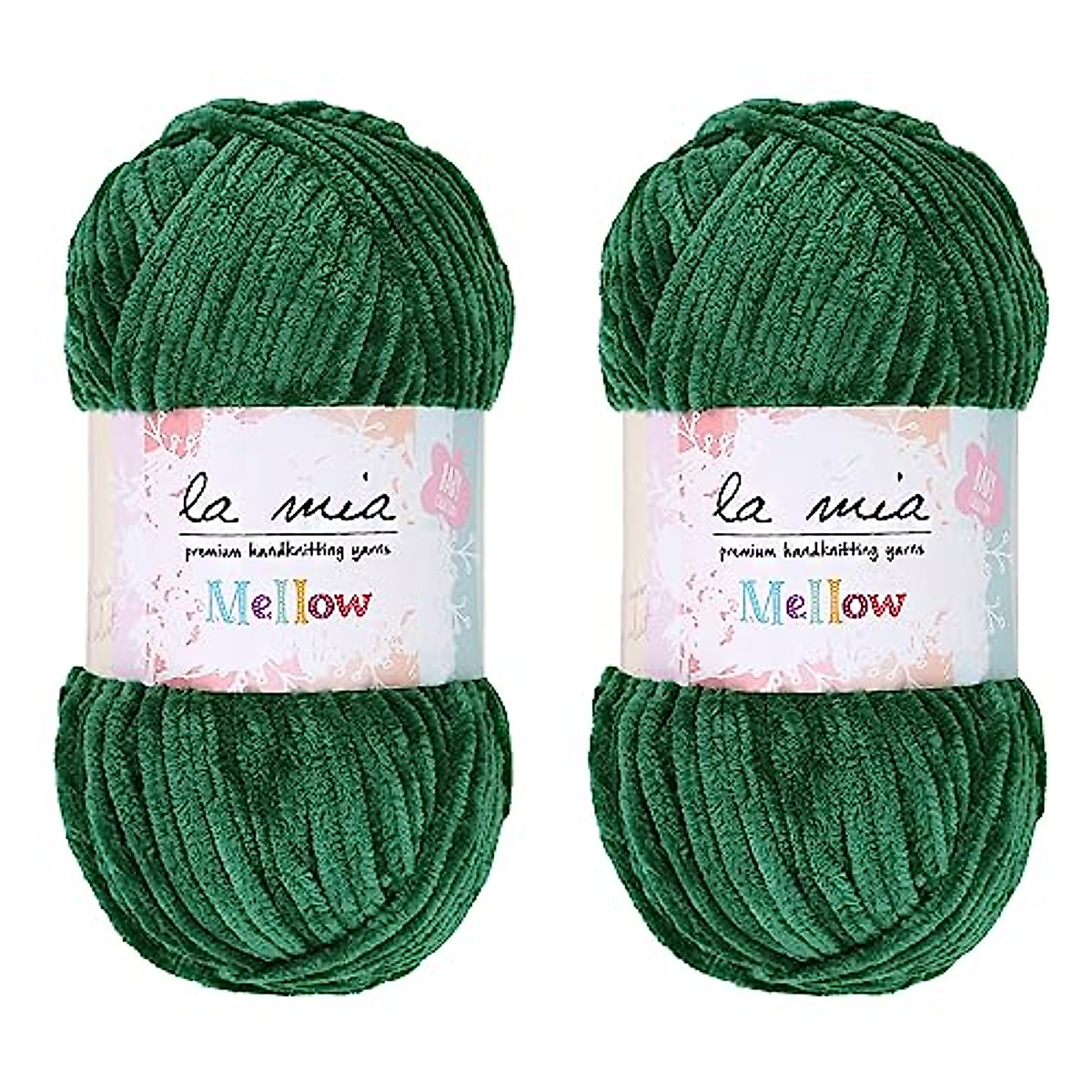 2 Skein La Mia Mellow Velvet Chenille Yarn for Knitting and Crocheting Baby Clothes, Blankets and Accessories, 100% Polyester, 100 gr (3.5 oz) / 115 m (125 Yards), Super Bulky, Green - 928