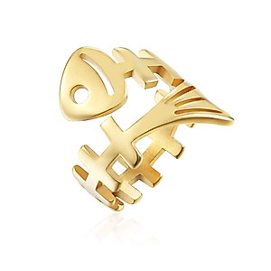 Dtja Punk Fish Bone Open Band Rings for Women Stainless Steel Statement High Polished Skeleton Comfort Fit Tarnish Resistant Exquisite Expandable Ring Personalized Jewelry (Gold 6)