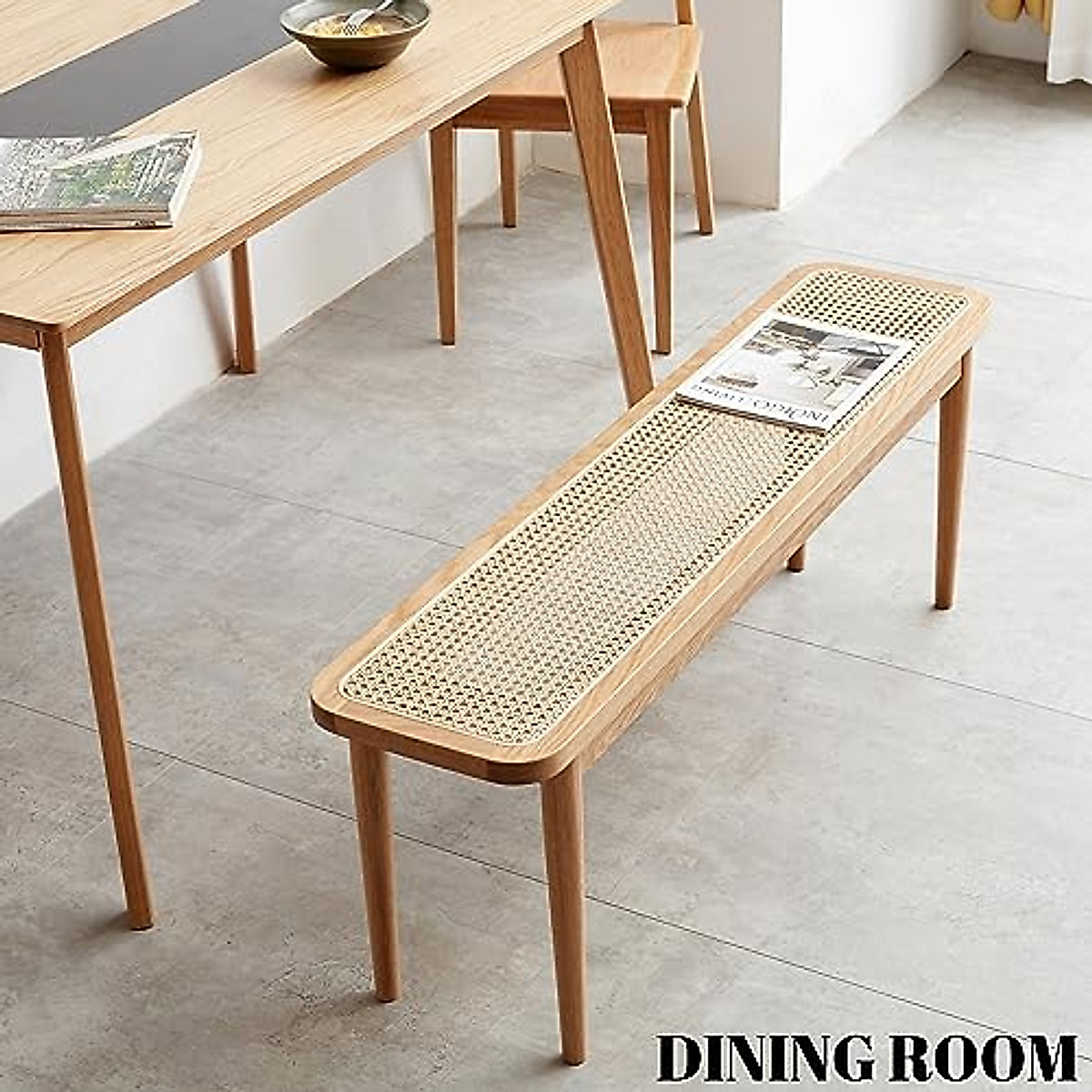 Grewood Wood Dining Bench,100% Natural Solid Oak Bed Bench with Rattan Design, Rounded Edge, Bench for Entryway Hall, Dining Room,Bedroom, Living Room (Natural Color, 31.49 inch)