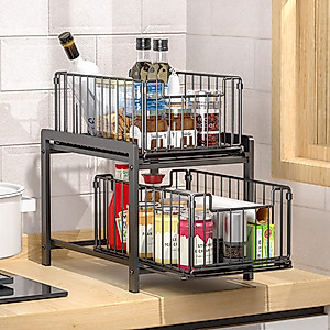 Pull-out Organizer 2 Tier Metal Under Sink Cabinet Organizer Sliding Drawer Home Storage Rack (Black)