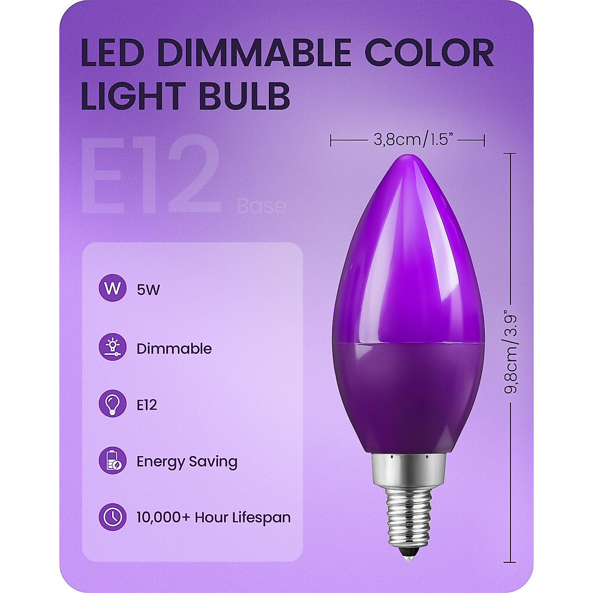 GOEBLESON Purple E12 LED Light Bulbs, C35 Dimmable Candelabra Bulbs, 5W (60W Equivalent) Chandelier Bulb, Candle Light Bulb for Halloween, Christmas, Party Decoration, Holiday, 6 Pack Z1C3P605