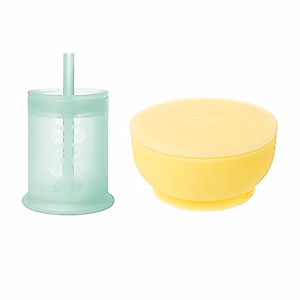 Olababy 100% Silicone Training Cup with Lid + Straw(Mint) and Suction Bowl (Lemon) Bundle