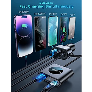 USB C Car Charger, 78W JOYROOM Fast Car Charger 5 Multi Port Cigarette Lighter USB Adapter, PD3.0&PPS Double Type C Adapter, QC3.0 Car Cell Phone Charger Fast Charge for iPhone 14/13 Samsung Android
