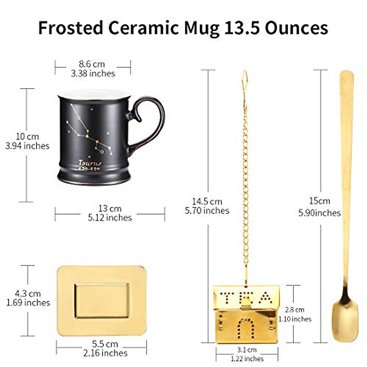 TILANY Ceramic Coffee Mug With Constellation Design - Black Tea Mugs With Golden Spoon & Tea Infuser - Large Porcelain Cups - Coffee Pottery Cup With Zodiac Sign - 13.5oz Cup Gift Set (Taurus)