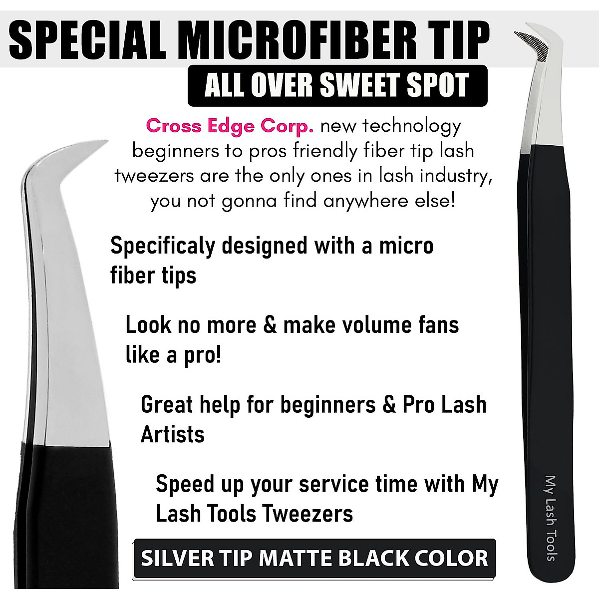 My Lash Tools Fiber Tip Lash Tweezers for Eyelash Extensions Pro Lash Tech Tweezer for Volume Lashes Stainless Steel Mink Lashes Fan Making Mega Volume Boot Lashing Tweezers (Black)