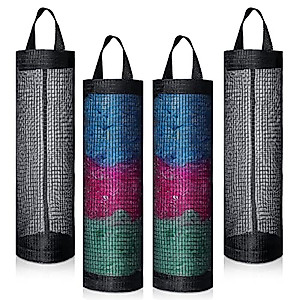 Plastic Bag Holder Breathable Mesh Hanging Storage Dispensers Recycling Grocery Bag Storage Container Folding Hanging Shopping Bag Holder for Home and Kitchen(Black,4 Packs)