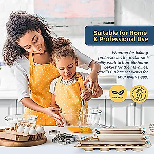 Baking Pan 8 Piece Set Nonstick Gold Carbon Steel Oven Bakeware Kitchen Set with Silicone Handles, Cookie Sheet, Roasting Pan, Lid, Square Pan, Pie Pan, Loaf Pan, Pizza Crisper, Muffin Pan by PERLLI