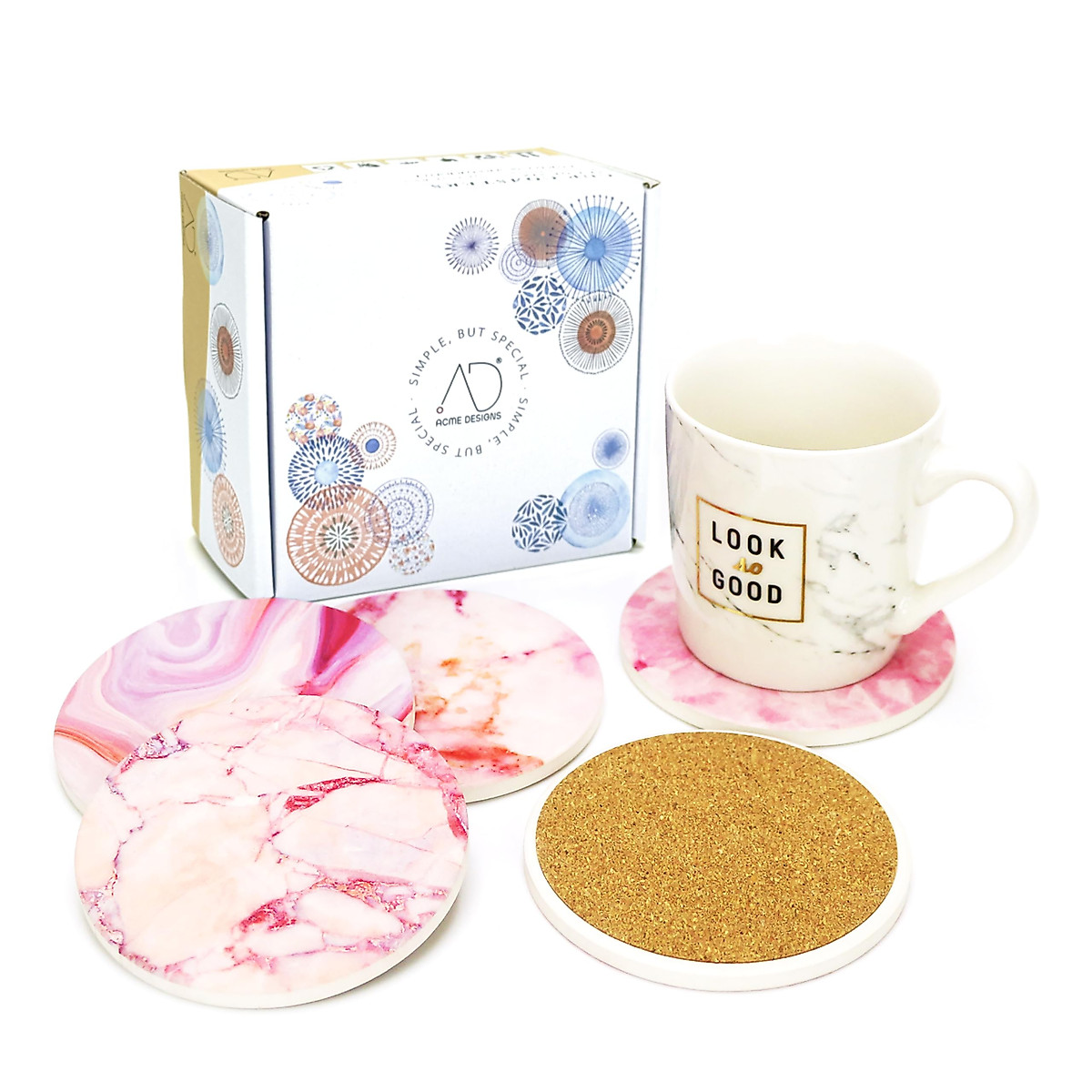 AD Set of 6 Coasters for Drinks Absorbing Round Ceramic Stone Coaster with Cork Base Tabletop Protection Mat for Mugs and Cups,Office,Kitchen (Pind Marble with Holder)