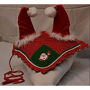 Lift Sports Horse Christmas Santa Claus Saddle PAD Set with Matching Fly Bonnet Ear NET Cotton Hand Made Crochet Fly Veil Hood MASK Equestrian Shows Breathable Cotton (Full/Horse)