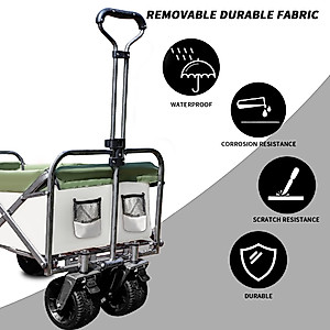 GLANZEND Collapsible Foldable Wagon, Utility Wagon Garden Trolley Cart Adjustable Handle All-Terrain Beach Wheels & Drink Holders, for Shopping Outdoor Camping Beach Garden, Green+White