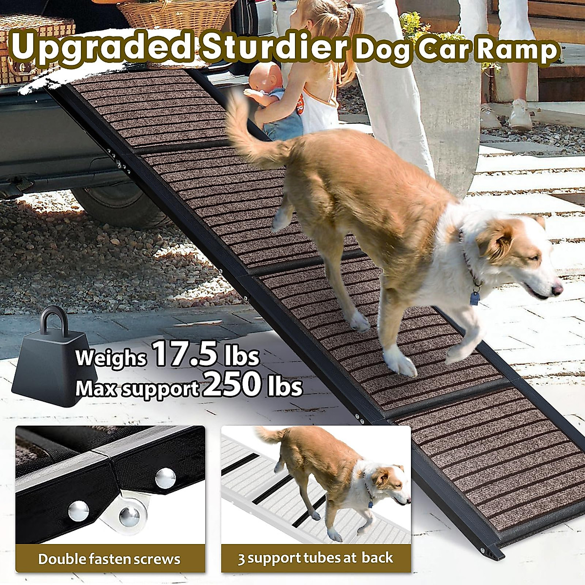 Extra Long 67" Wide 19.7" Dog Car Ramp, Outdoor Dog Ramp with Anti-Slip Surface for Dogs to Get Into Car,SUV,Truck & Porch Steps, Folding Pet Stairs Ramp for Medium & Large Dog Up to 250LBS (Grey)