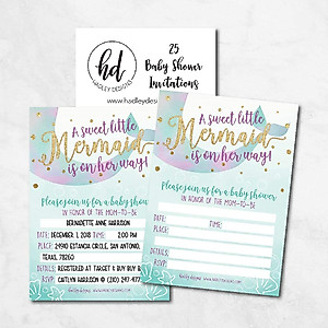 25 Mermaid Baby Shower Invitations, 25 Book Request Baby Shower Guest Book Alternative, 25 Baby Shower Diaper Raffle Tickets For Baby Shower, Under The Sea Nautical On Her Way Diaper Raffle Cards