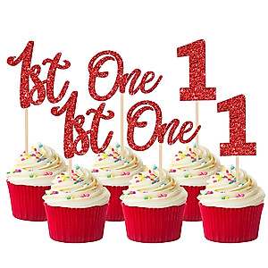 24 PCS One Cupcake Toppers Glitter 1st Birthday Cupcake Picks Number 1 First Birthday One Cake Decorations for Baby Shower Kids 1st Birthday Anniversary Party Supplies Red