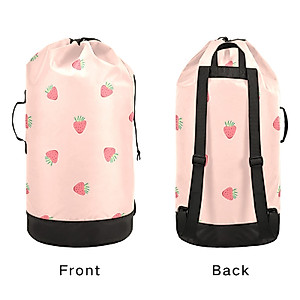 xigua Pink Strawberry Laundry Backpack Bag, Extra Large Laundry Bag with Straps, Portable Backpack Laundry Bag for College Dorm, Apartment, Laundromat