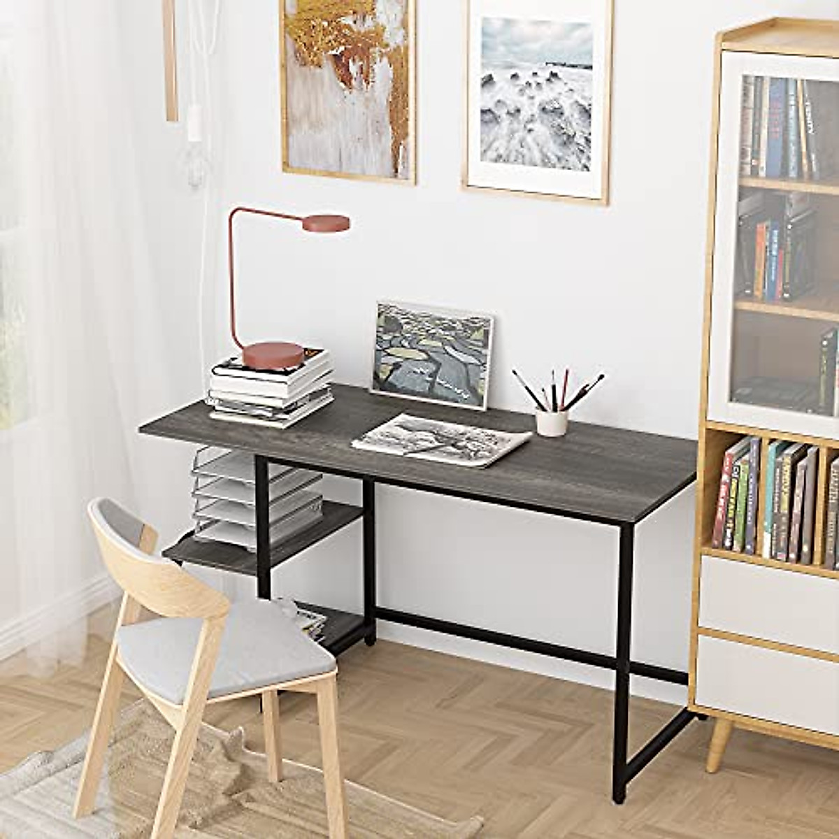 Teraves Reversible Computer Desk for Small Spaces,Small Desk with Shelves,47 inch Gaming Desk Office Desk Bedroom Desk for Home Office