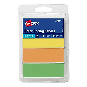 Avery Rectangular Color Coding Labels, 1 x 3 Inches, Assorted, Removable, Pack of 72 (06722)