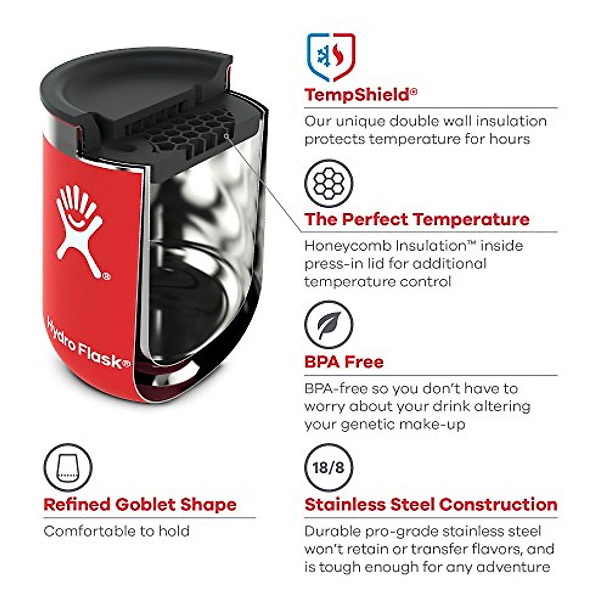 Hydro Flask 10 oz Wine Tumbler - Stainless Steel & Vacuum Insulated - Press-In Lid - Black