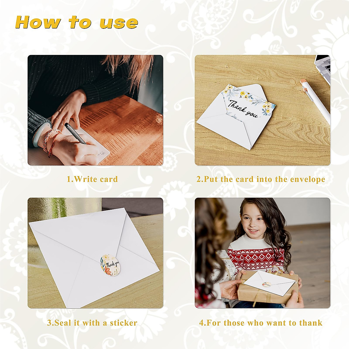 HISDEAR Thank You Cards with Envelopes and Stickers, 100 Pcs Painted Florals Design for Wedding Baby Shower Business Bridal Showers (4 X 6 Inch)