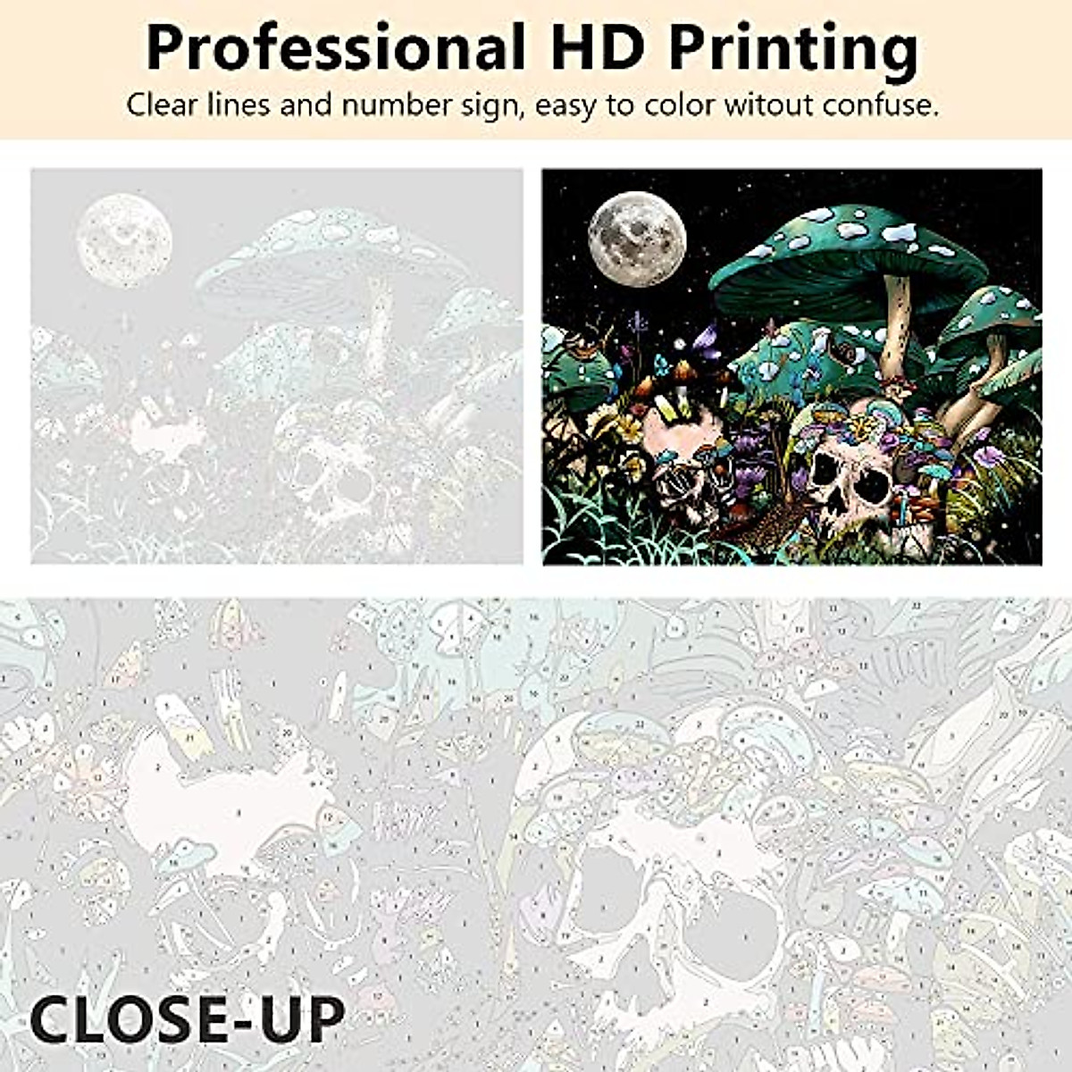 TUMOVO Mushroom Paint by Numbers Hippie Skull Painting Kits by Number for Adults Kids Snail Butterfly Moon Phase Fantasy Plants Canvas Wall Decor Acrylic Pigment for Home Living Room Decor 16"x20"