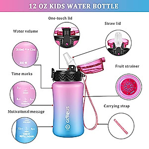 GOPPUS Kids Water Bottle with Straw Spout Lid 10pcs Stickers 12 oz Leak-proof BPA Free Motivational Time Marker Tritan Plastic Water Bottles for Girls Boys School Sports