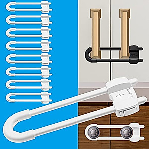 Child Safety Cabinet Locks for Babies, Kitchen Locks with Extra Secure Buttons for Cabinet Pulls, Cabinet Handles Knob, 4 Buttons Adjustable U-Shaped Cabinet Baby Proofing Locks ( 10 Pack, White )