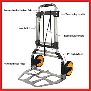 Dolly Cart with Collapsible Handle - Folding Hand Truck with 330lb Capacity - Foldable Cart with Wheels and Elastic Cord by Stalwart