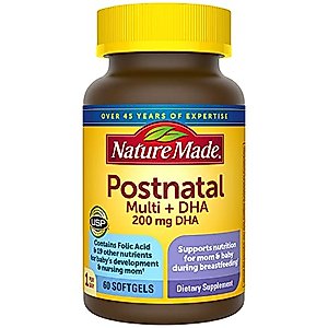 Nature Made Postnatal Multivitamin + DHA 200 mg, Postnatal Vitamins for Breastfeeding Moms & Babies, Vitamins & Nutrients Include Iron, Vitamin D3, Calcium, Iodine and More, 60 Softgels