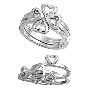 925 Sterling Silver Two-Piece Stackable Four Leaf Clover Heart Ring Size 5