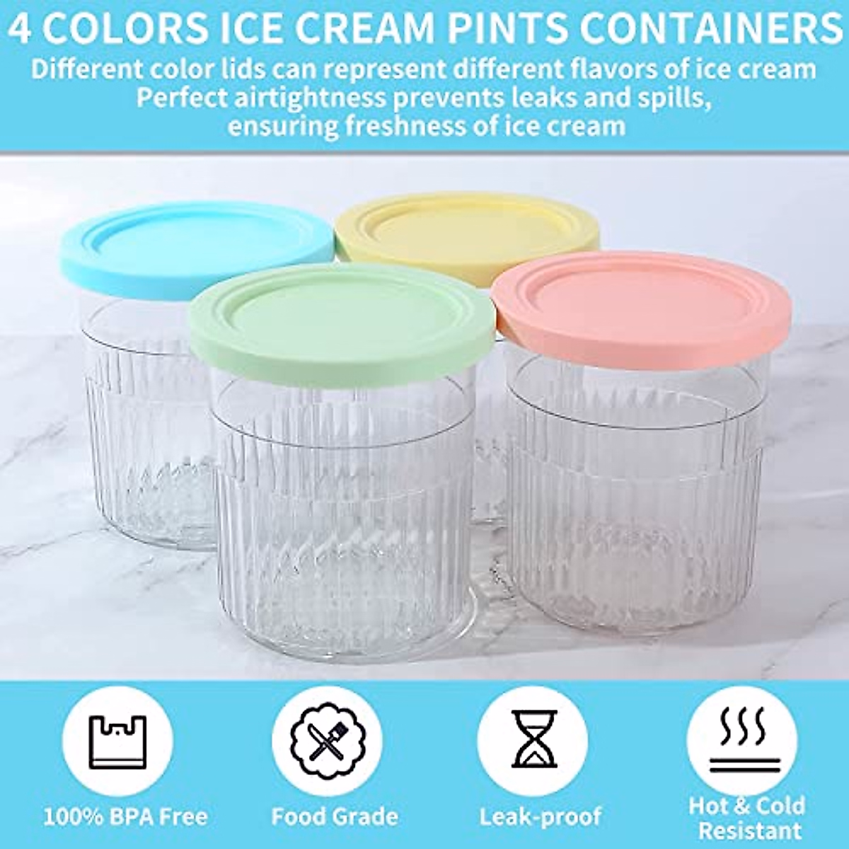 Containers Replacement for Ninja Creami Pints and Lids - 4 Pack, 24oz Cups Compatible with NC500 NC501 Series Ice Cream Maker - Dishwasher Safe, Leak Proof Lids Pink/Mint/Yellow/Blue