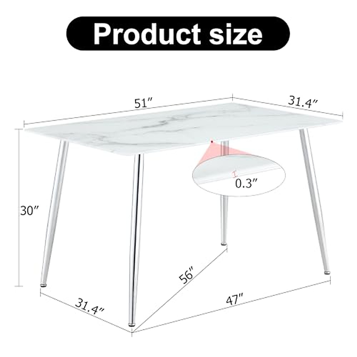 TesNus 50 inch Marble Dining Table, Modern Rectangular Faux Marble Dining Table with Black Metal Legs for Kitchen Dining Living Room (White-a)