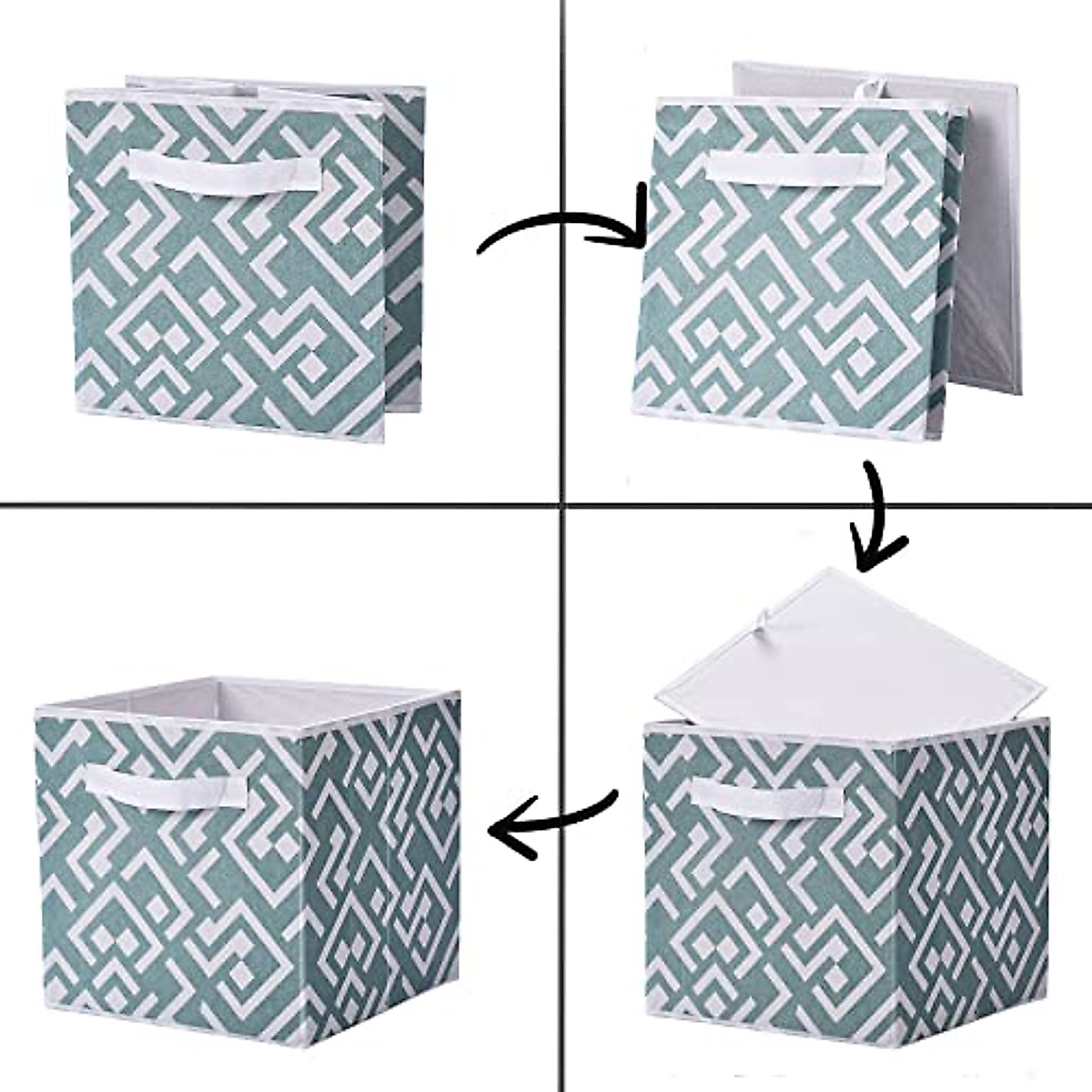 4 pc Cube Storage Bin Set – 11 inch Foldable Storage Cubes - Fabric Bins for Shelf, Closet, Clothes Organizer, 11X11 Foldable Basket, Decorative Cute Pattern Canvas Organization (Yellow, Blue & Brown) (Blue)