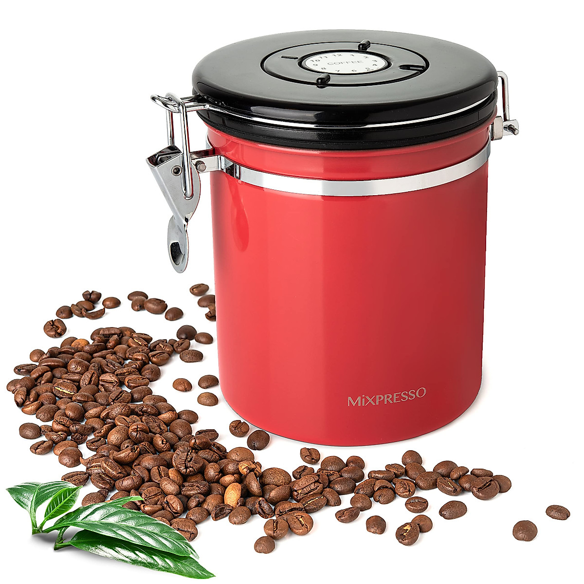 Mixpresso 16 Oz Coffee Canister Red, Stainless Steel Airtight Coffee Container, Ground Coffee Bean Storage with Date Tracker, Vacuum Sealed Espresso Airtight Container, Coffee Jar, Sugar Container
