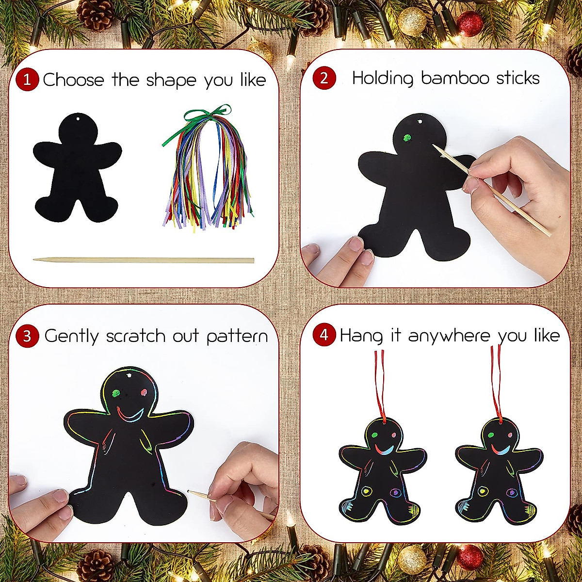 48 Pcs Christmas Scratch Art for Kids, Snowman Elk Rainbow Scratch Paper Angel Bell Christmas Crafts for Kids Christmas Party Favors Supplies Gifts DIY Decoration